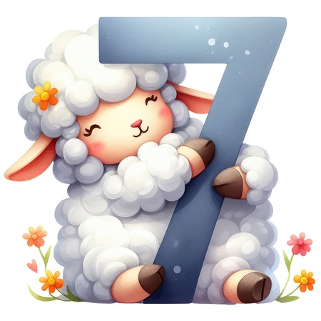 Sticker cu cifra 7, ilustratie, pentru copii, scoala, elev, oita ...