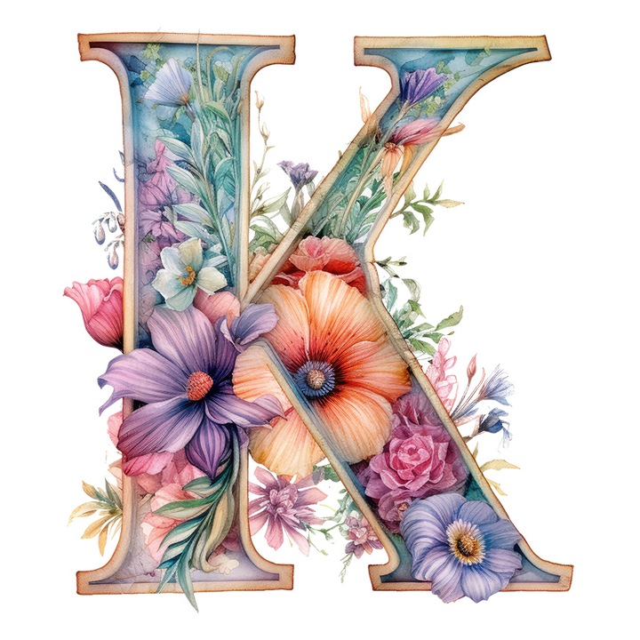 Sticker cu litera "K", ilustratie, pentru copii, scoala, elev, flori ...