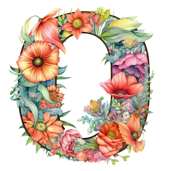 Sticker cu litera "O", ilustratie, pentru copii, scoala, elev, flori ...