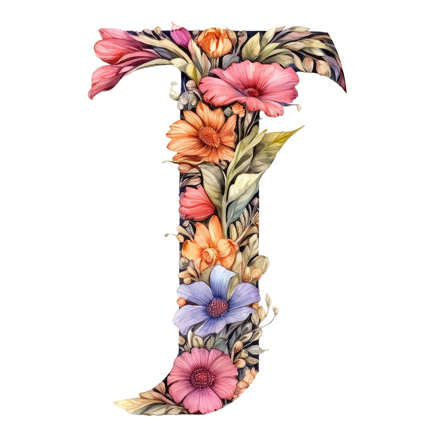 Sticker cu litera "T", ilustratie, pentru copii, scoala, elev, flori ...