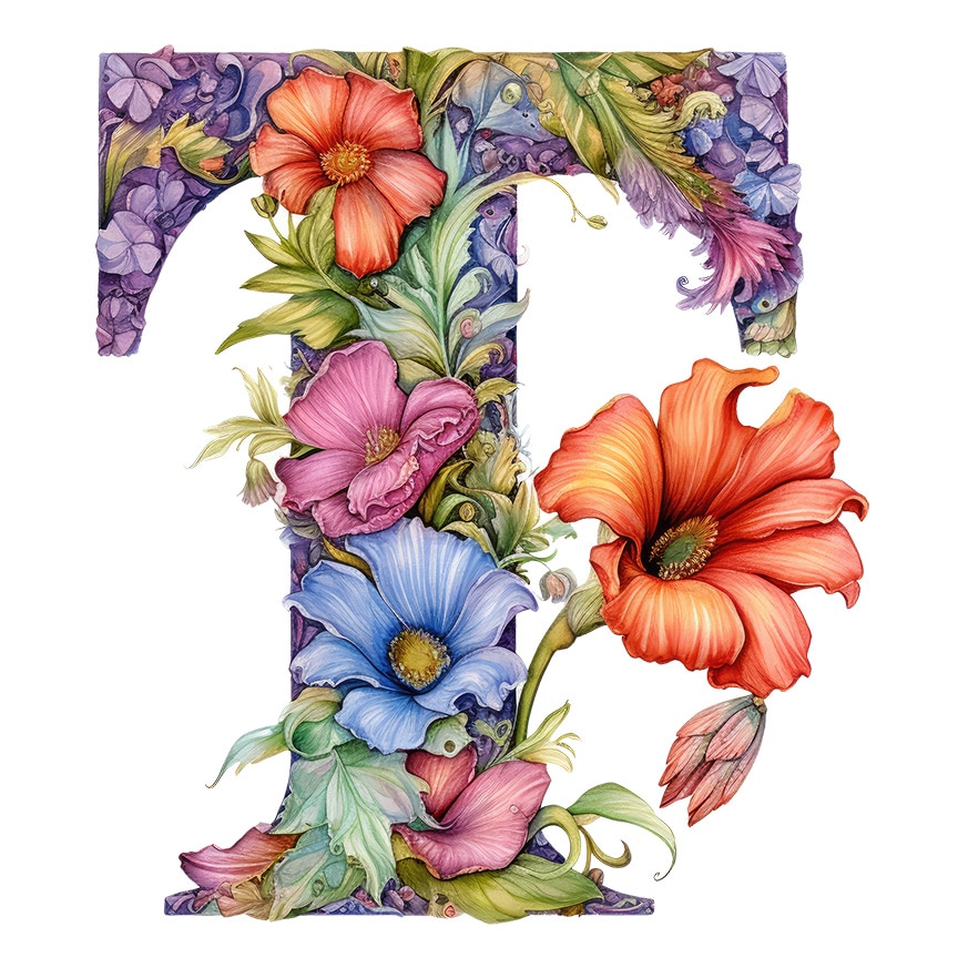 Sticker cu litera "T", ilustratie, pentru copii, scoala, elev, flori ...