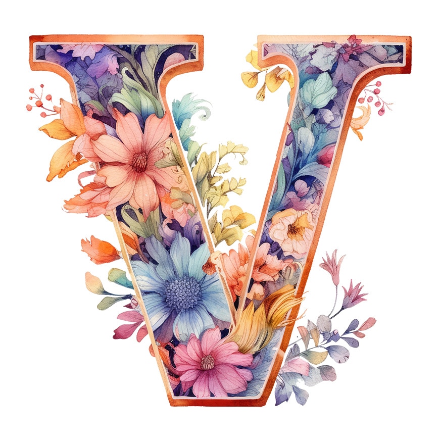 Sticker cu litera "V", ilustratie, pentru copii, scoala, elev, flori, abecedar, alfabet cu ...