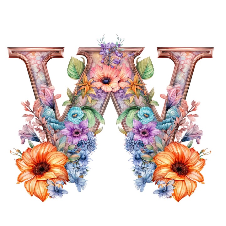 Sticker cu litera "W", ilustratie, pentru copii, scoala, elev, flori ...