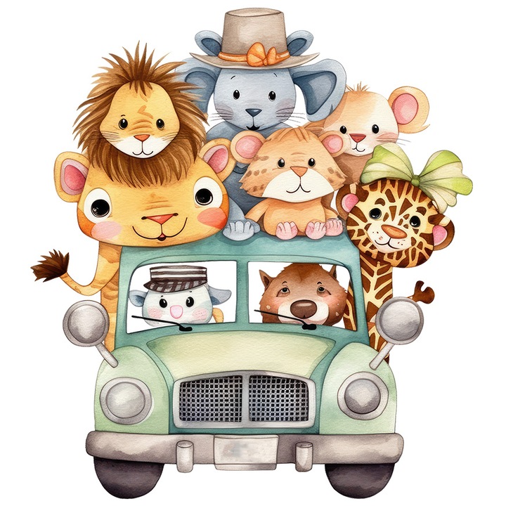 Sticker cu mai multe animale de la gradina zoologica intr-o masina ...