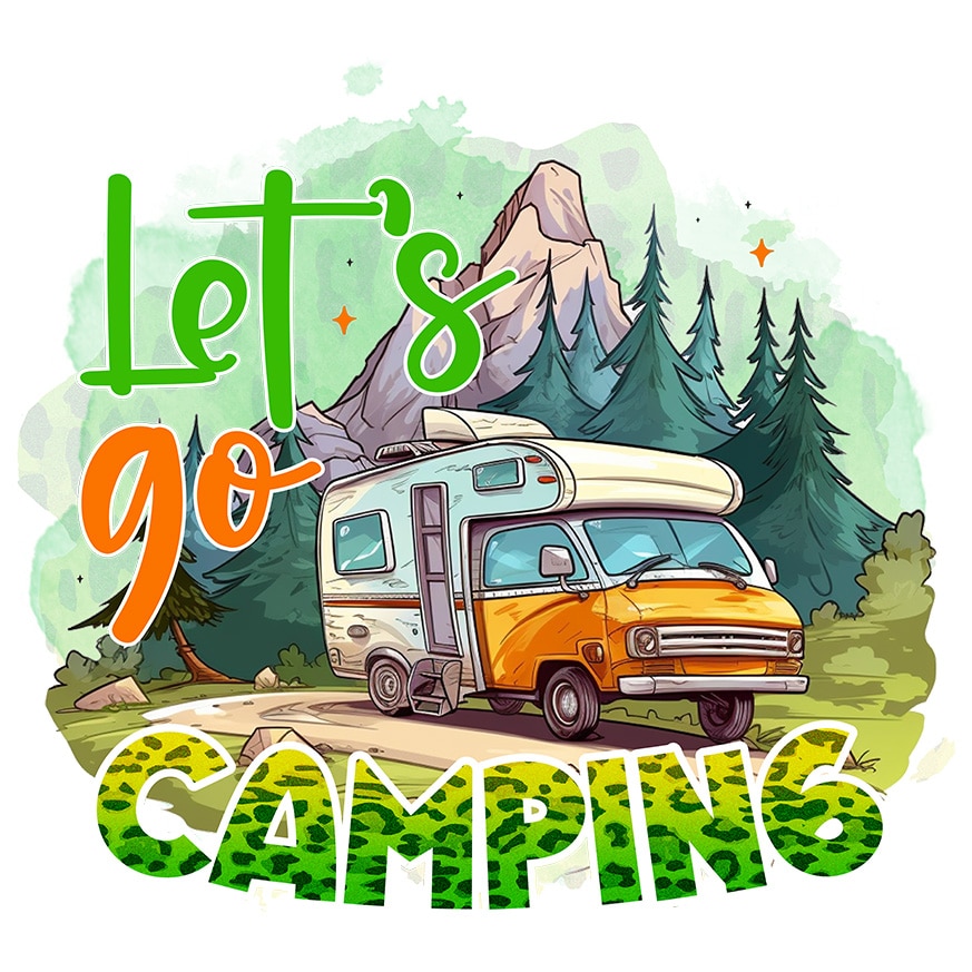 Sticker cu mesajul "Let's go camping", calatorie, ilustratie, natura, rulota, fundal verde ...