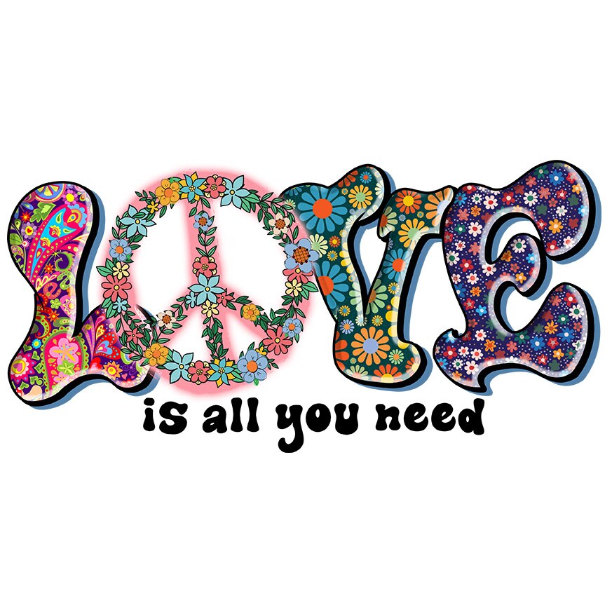 Sticker cu mesajul "Love is all you need", litere cu flori, semnul ...