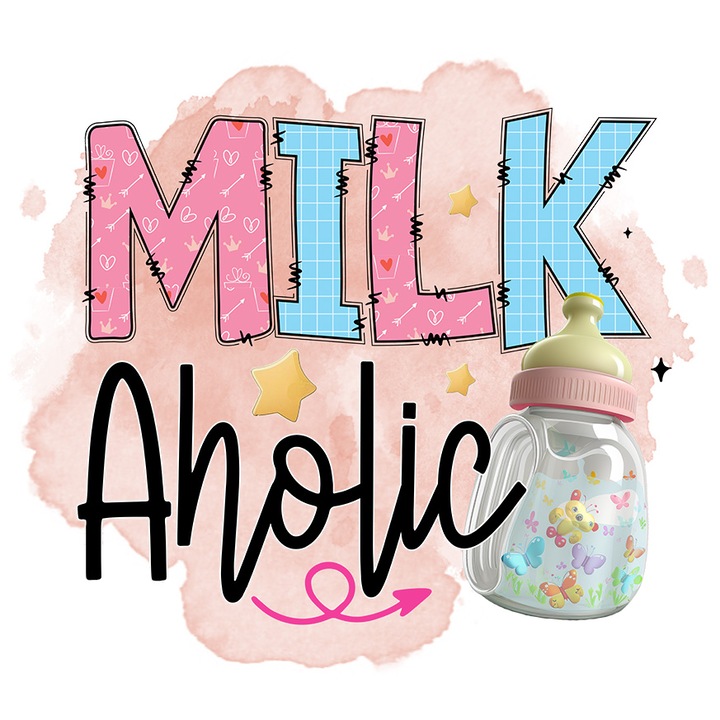 Sticker cu mesajul "Milk aholic", ilustratie, pentru copii, biberon ...
