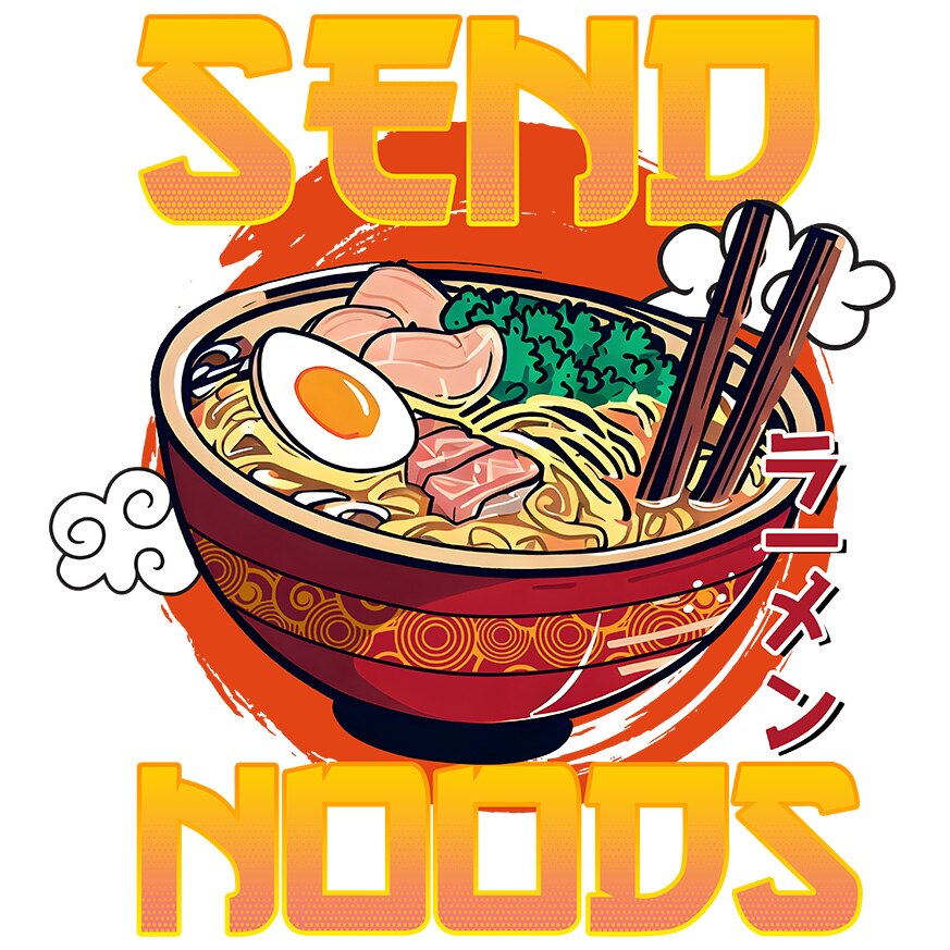 Sticker cu mesajul "Send noods", ilustratie, mancare, supa, Japonia ...