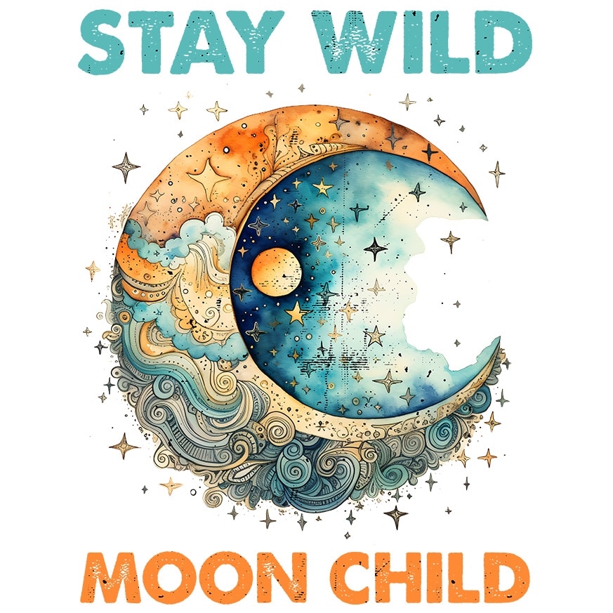 Matrica "Maradj vad, holdgyermek" üzenettel, hippi stílus, kultúra, illusztráció, pszichedelikus ...