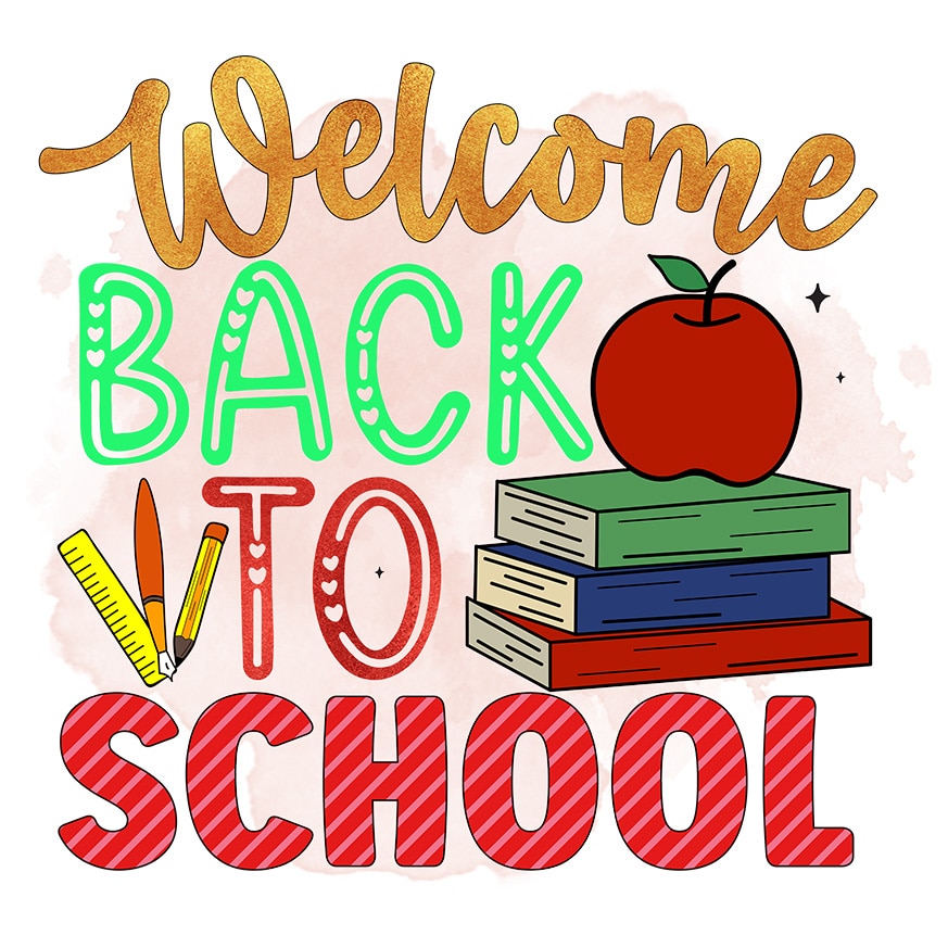 Sticker cu mesajul "Welcome back to school", ilustratie, scoala, elevi ...