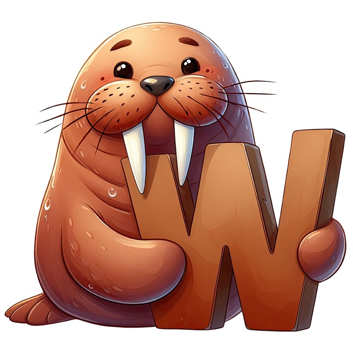 Sticker cu morsa cu litera "W", ilustratie, pentru copii, scoala, elev ...