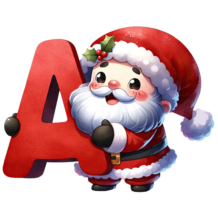 Sticker cu Mos Craciun care tine litera "A", iarna, elevi, abecedar ...