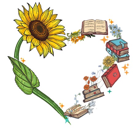 Sticker cu multe carti si cu floarea-soarelui care formeaza o inima ...