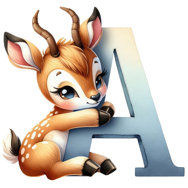 Sticker cu o antilopa cu litera "A", ilustratie, pentru copii, scoala ...