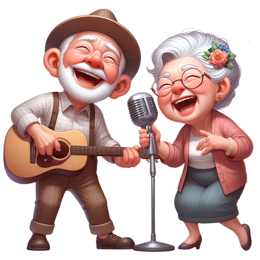 Sticker cu o bunicuta si un bunic, ilustratie, fericiti, canta la ...