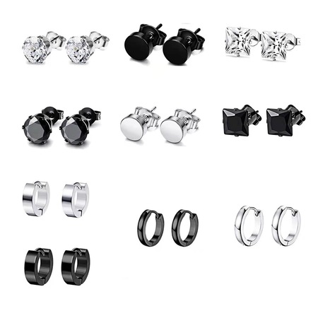 Set 10 perechi de cercei pentru barbati, OVERTANG, Inox, Negru/Argintiu ...