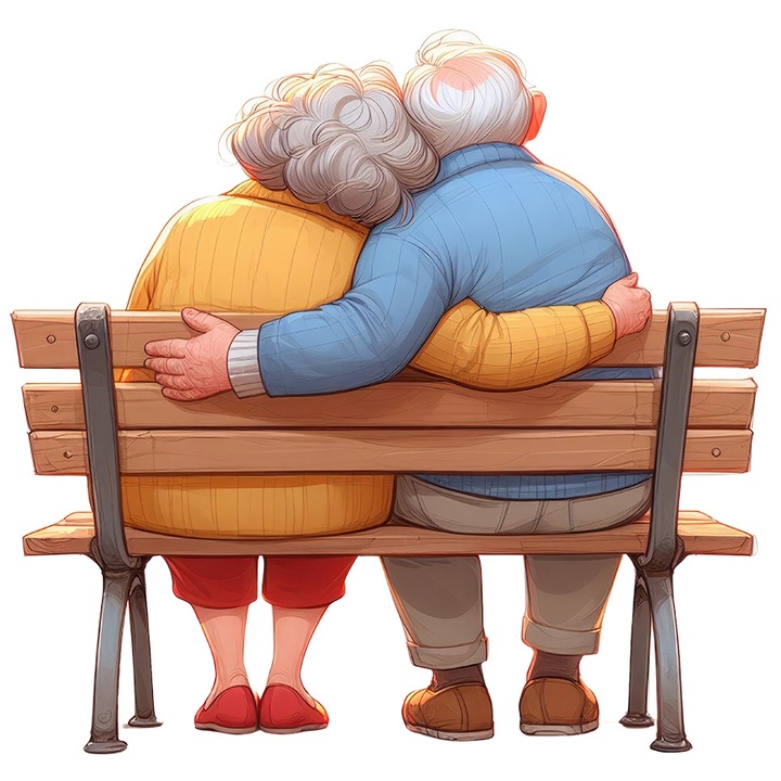 Sticker cu o bunicuta si un bunic, ilustratie, stau pe banca, impreuna ...