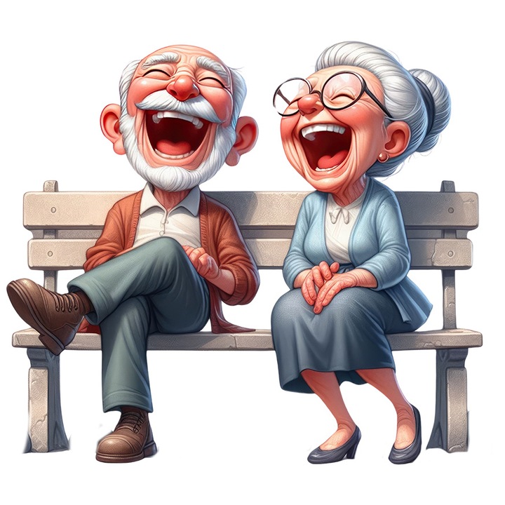 Sticker cu o bunicuta si un bunic, ilustratie, stau pe o banca, rad de ...