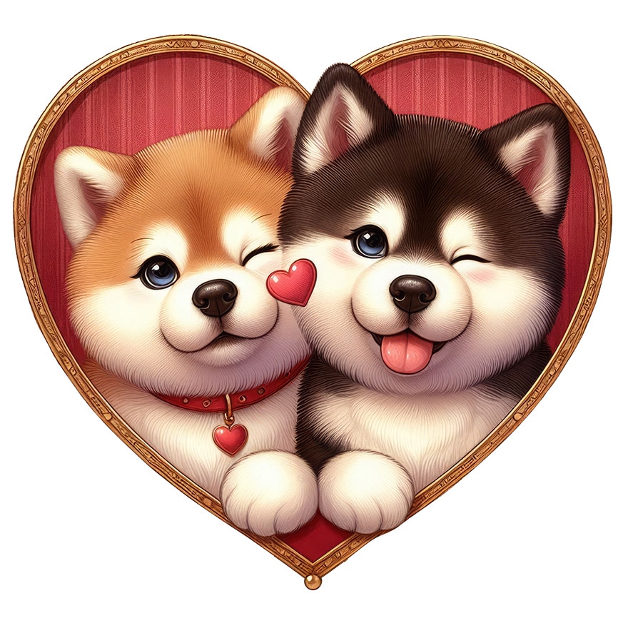Sticker cu o catelusa si un catel, ilustratie, Akita Inu si Husky ...