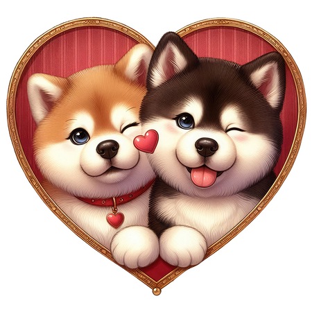 Sticker cu o catelusa si un catel, ilustratie, Akita Inu si Husky ...