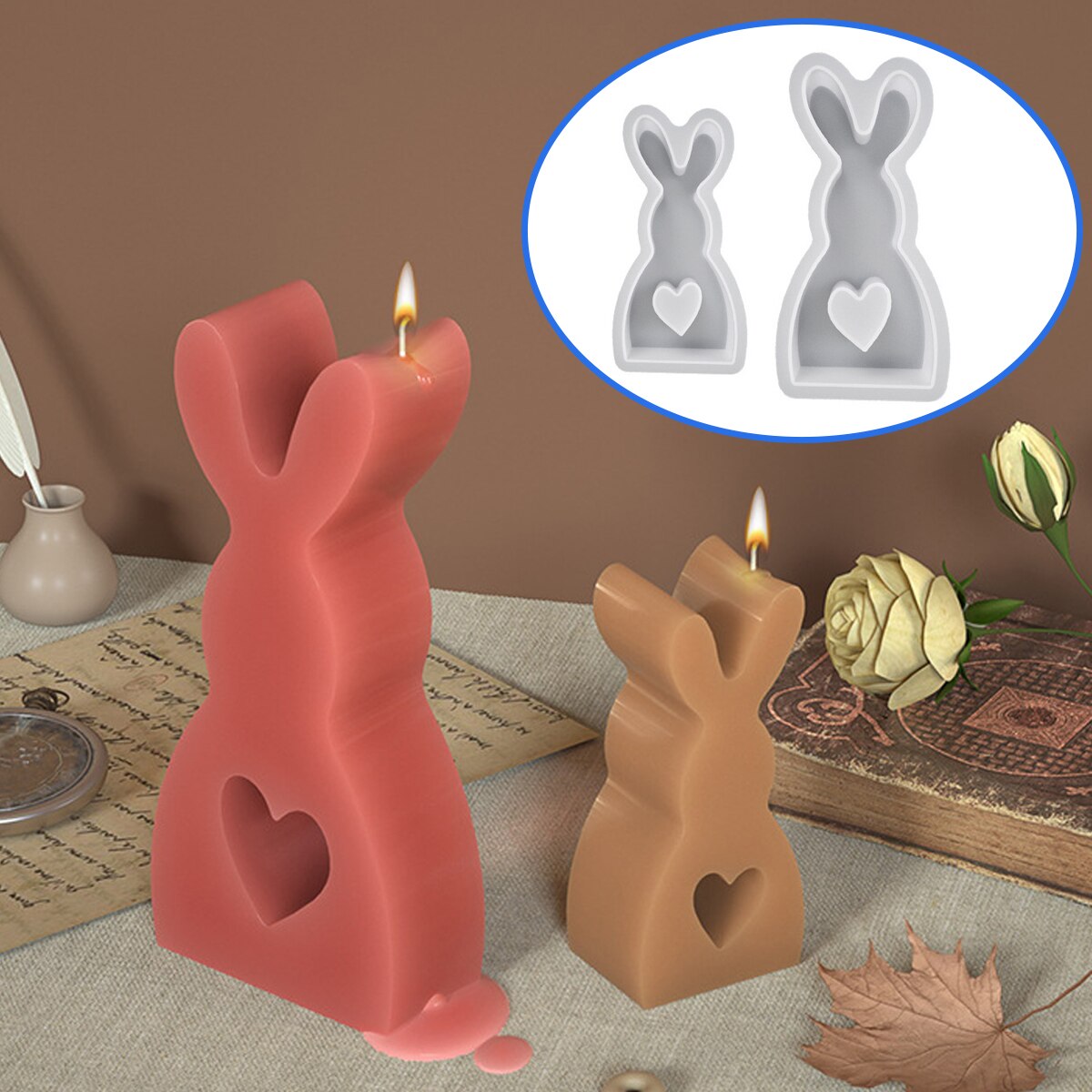 Set 2 forme pentru lumanari, Silicon, Model Iepuras de Paste, 13.9x7x2 ...
