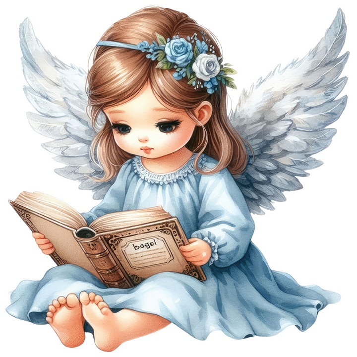 Sticker cu o fetita dragalasa cu aripi de ingeras care citeste ...