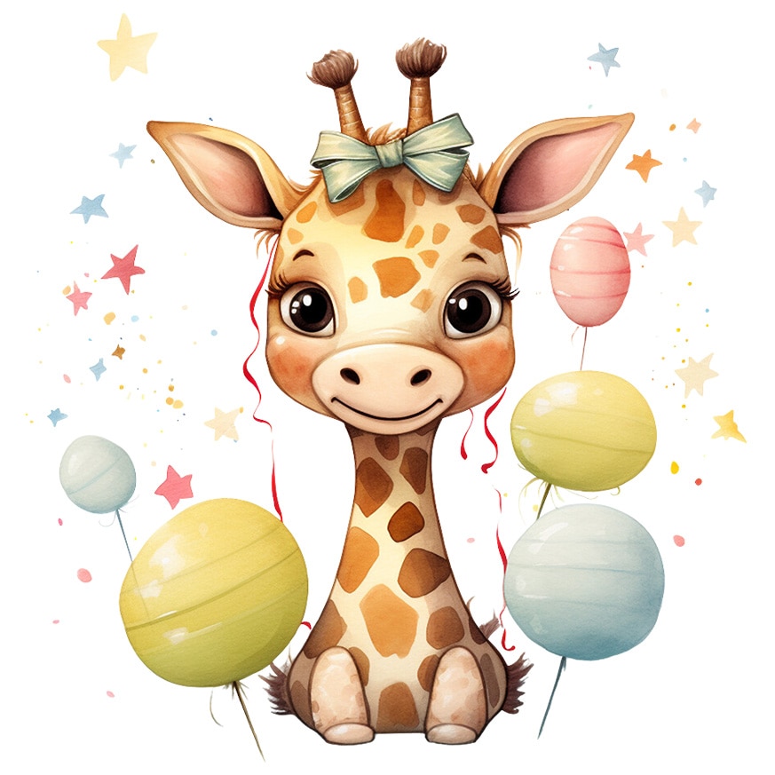 Sticker cu o girafa putin timida, ilustratie, stelute, baloane colorate ...
