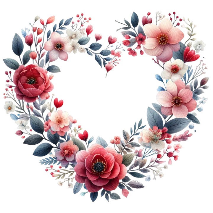 Sticker cu o inima facuta din flori, ilustratie, plante, coroana ...