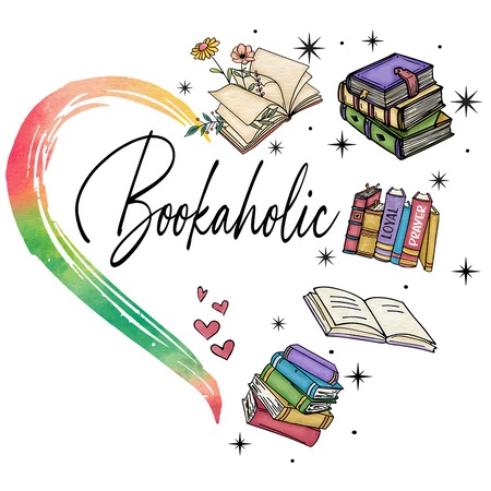Sticker cu o inima formata din teancuri de carti cu mesajul "Bookaholic ...