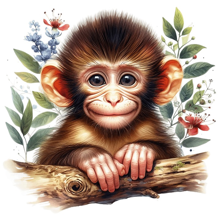 Sticker cu o maimutica vesela care sta agatata de o ramura, flori ...