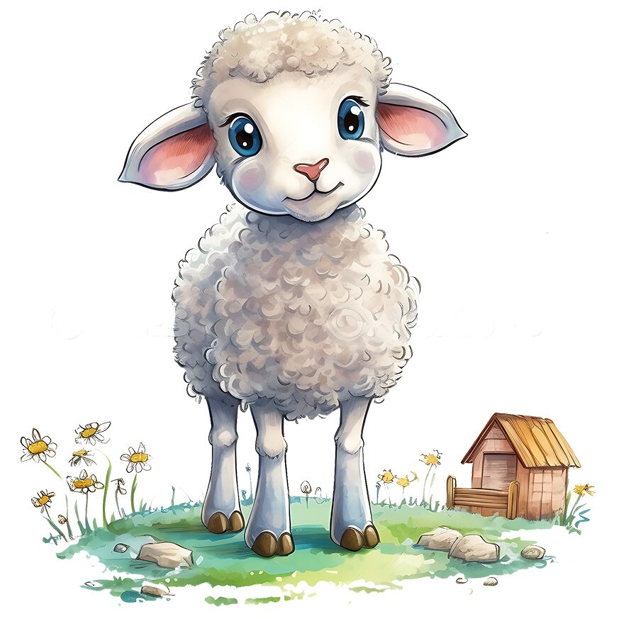 Sticker cu o oita, ilustratie, animal domestic, natura, iarba ...