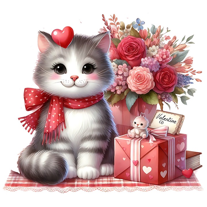 Mosolygó cica illusztráció virág csokor ajándék szívek matrica macska ...
