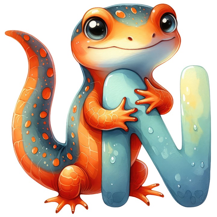 Sticker cu o soparla care tine litera "N", ilustratie, pentru copii ...