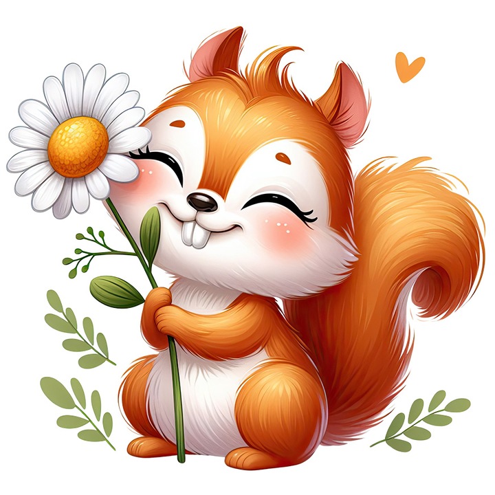 Sticker cu o veverita fericita care tine o floare alba, ilustratie ...