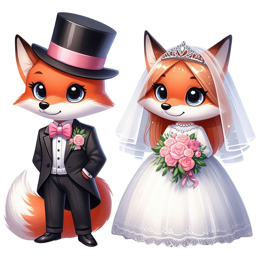 Sticker cu o vulpita si un vulpoi la nunta, ilustratie, casatorie ...