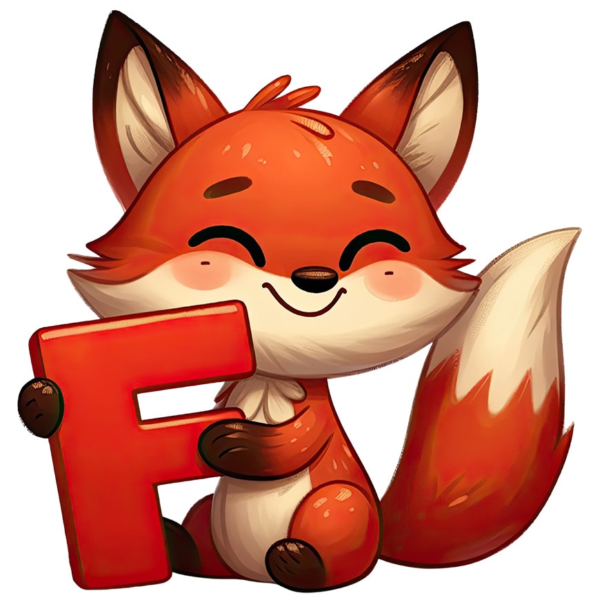 Sticker cu o vulpita vesela cu litera "F", ilustratie, pentru copii ...