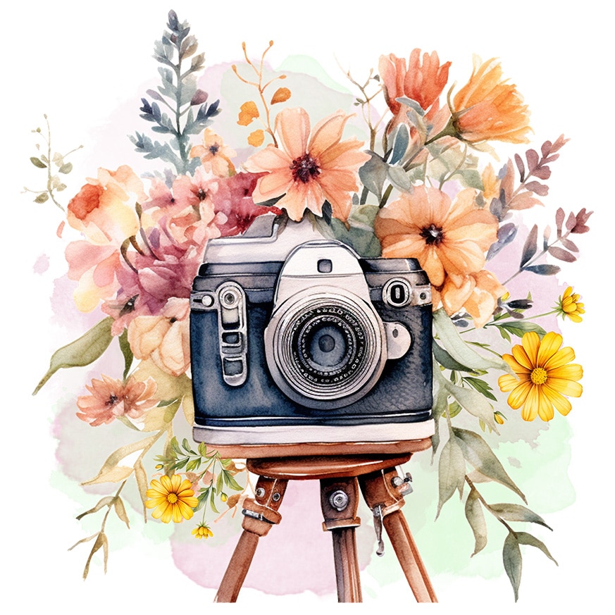 Sticker cu un aparat de fotografiat cu multe flori, ilustratie ...
