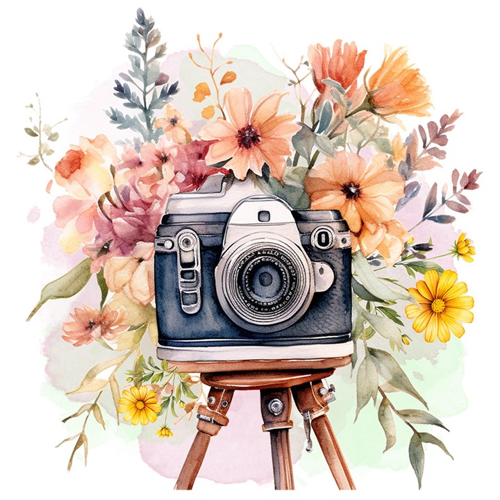 Sticker cu un aparat de fotografiat cu multe flori, ilustratie ...