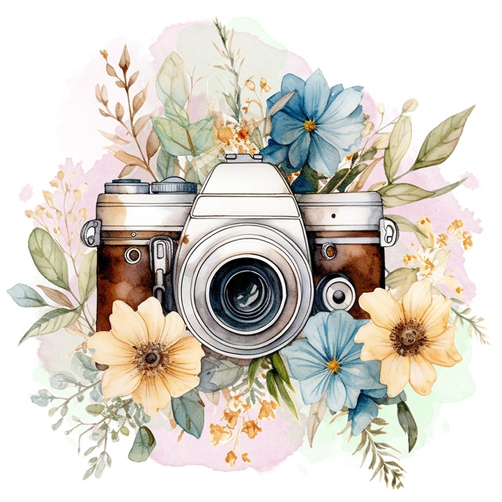Sticker cu un aparat de fotografiat, flori, ilustratie, activitate ...