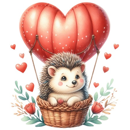 Sticker cu un arici micut care se plimba cu un balon cu aer cald ...