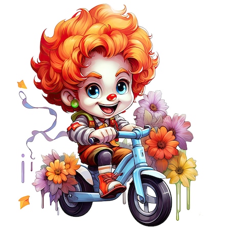 Sticker cu un baietel clovn care se plimba cu bicicleta, amuzant, flori ...