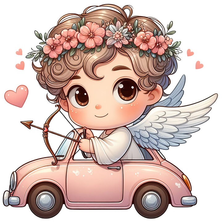 Sticker cu un bebelus Cupidon care se plimba cu masina, ilustratie ...