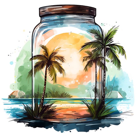 Sticker cu un borcan, ilustratie, plaja, insula, apa, mare, vacanta ...