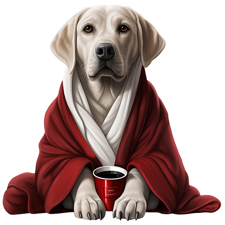 Sticker cu un caine alb cu un capod rosu, ilustratie, Sticker cu cafea ...