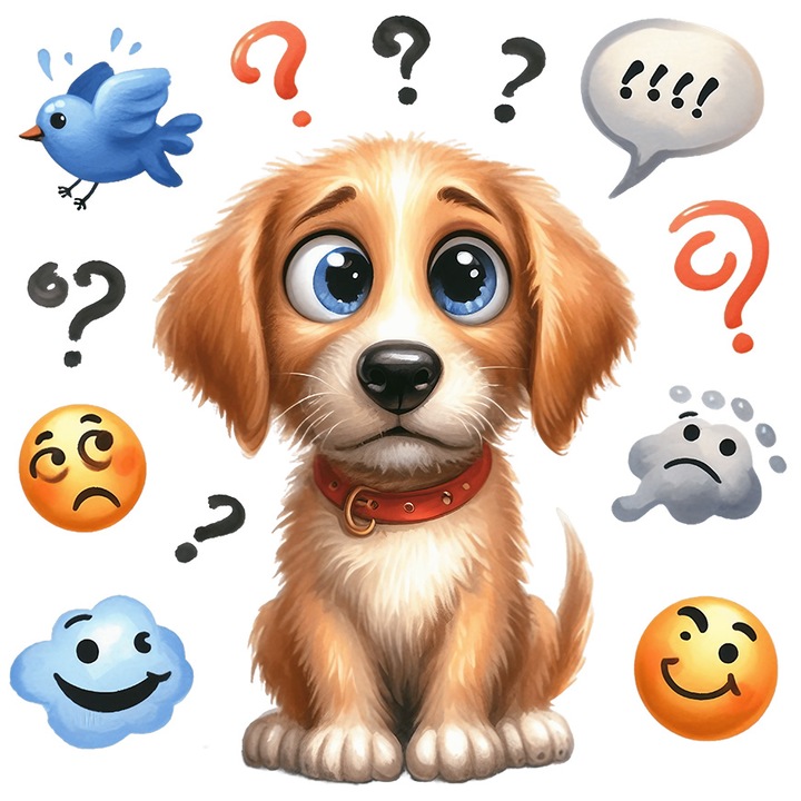 Sticker cu un caine cam dezamagit, ilustratie, mirat, se intreaba, isi ...