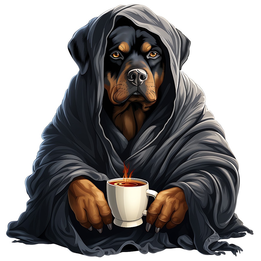 Sticker cu un caine Rottweiler care are un capod gri, tine o Sticker cu ...