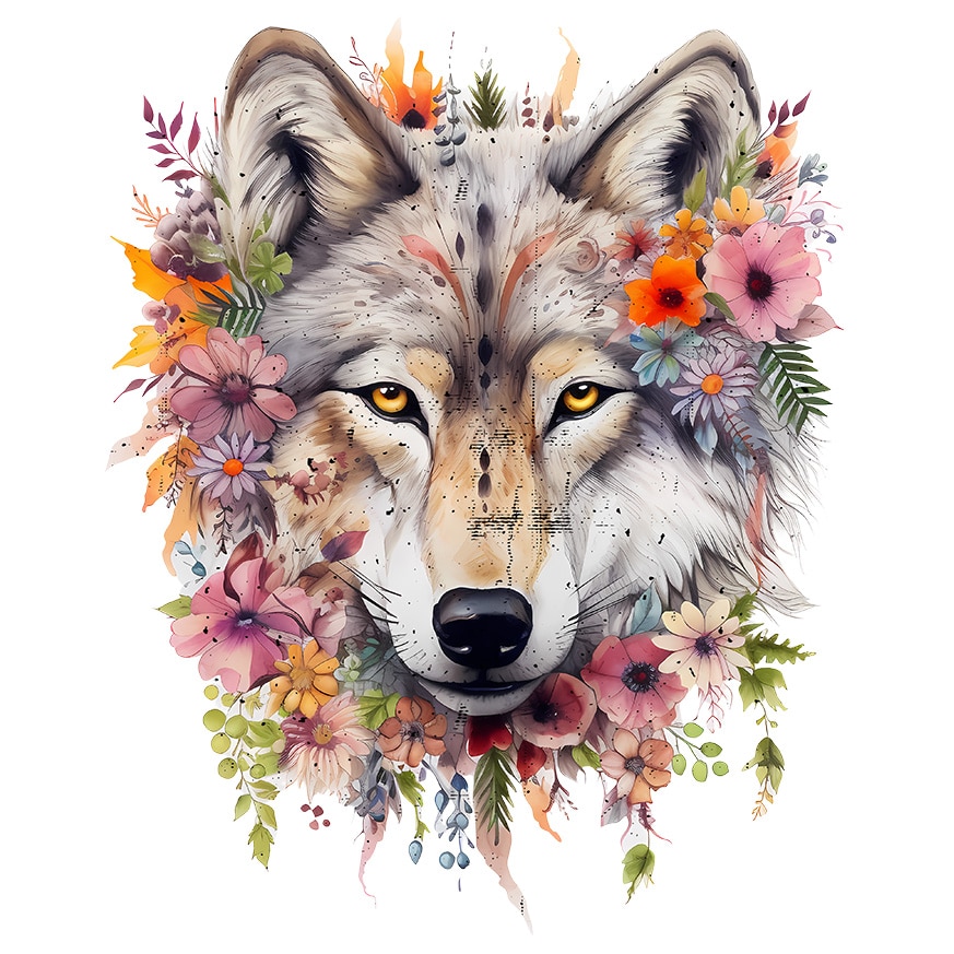 Sticker cu un cap de lup inconjurat cu flori, ilustratie, natura ...