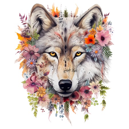 Sticker cu un cap de lup inconjurat cu flori, ilustratie, natura ...