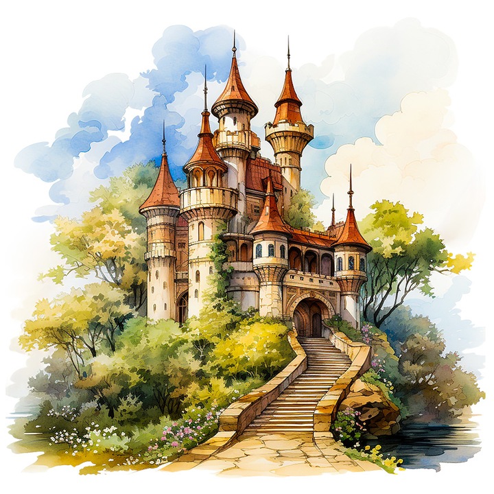 Sticker cu un castel in mijlocul naturii, ilustratie, padure, apa, lac ...