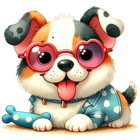 Sticker cu un catel cu ochelari, ilustratie, vesel, fericit, jucaus ...